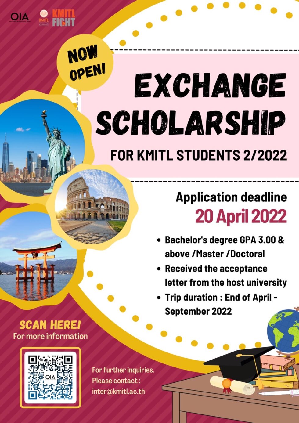 Exchange Scholarship for KMITL students 2/2022 is now open !!!! | OIA